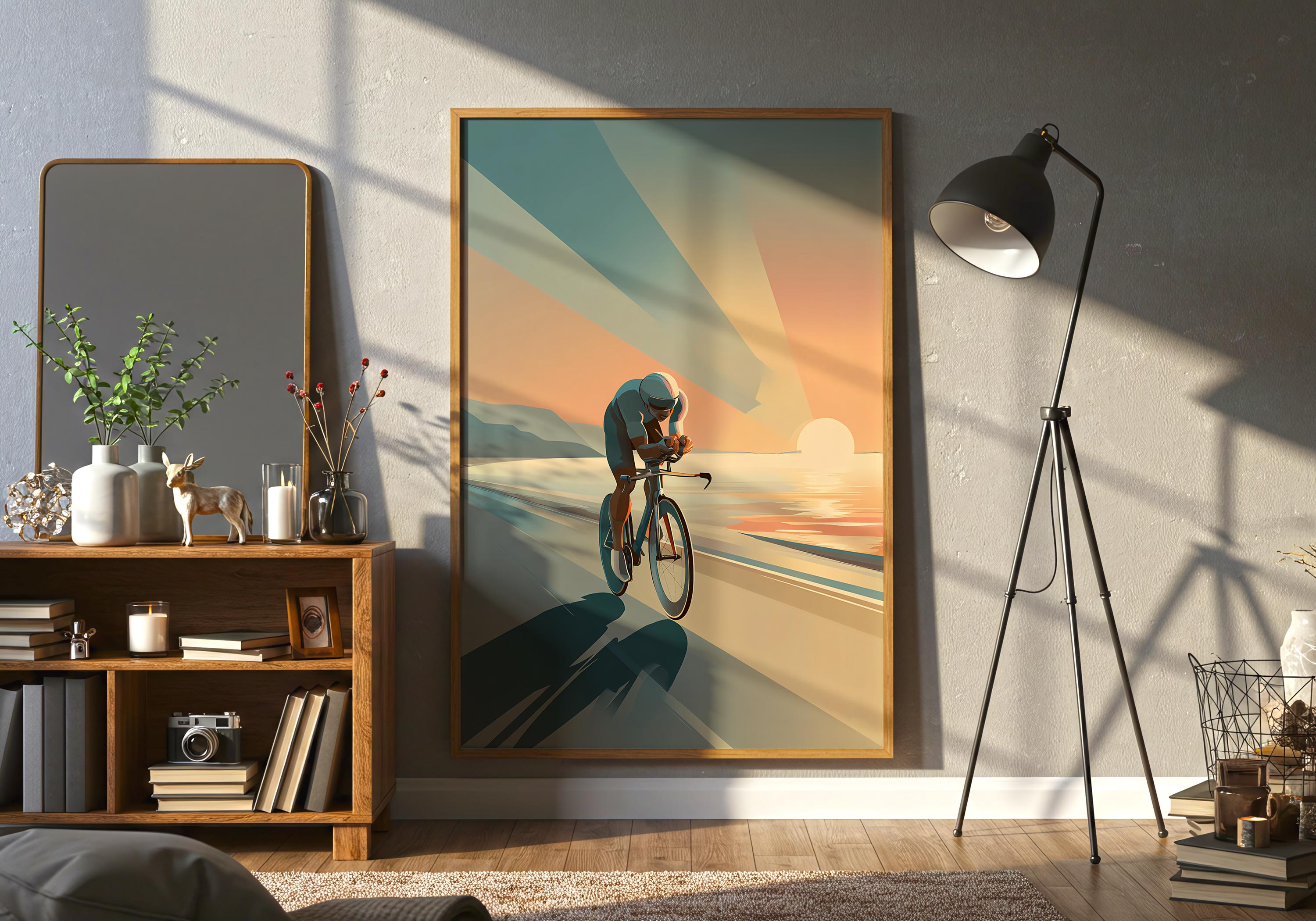 Minimalist Cycling Wall Art – Time Trial Cyclist at Sunrise, Modern ...