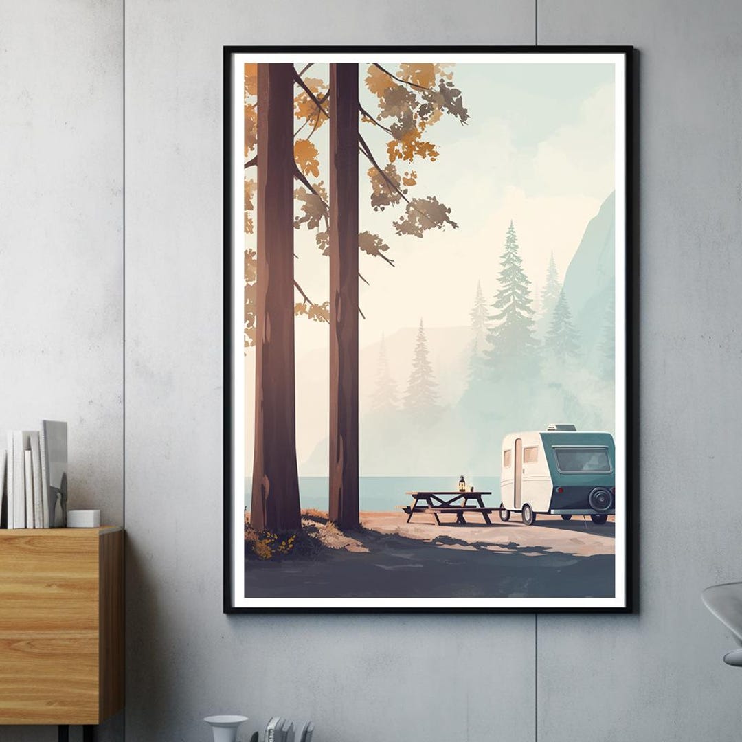 Vintage Camping Poster - Caravan by the Lake | Minimalist Nature Wall ...