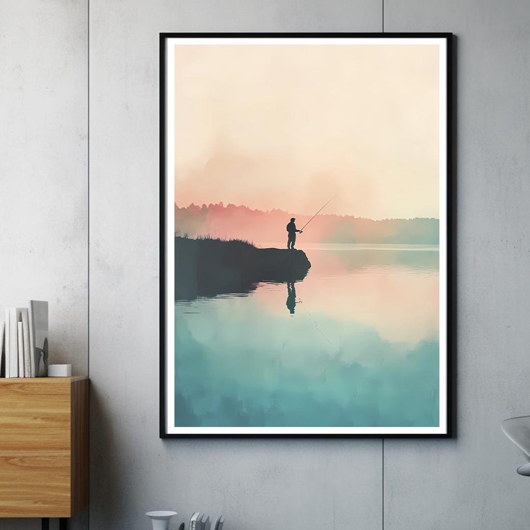 Vintage Angler Silhouette Art Print | Fishing at Dawn Poster | Tranquil ...