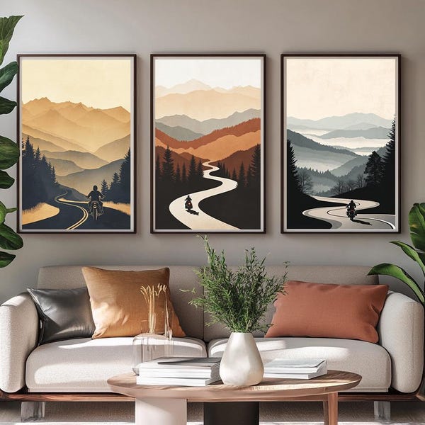 Minimalist Motorcycle Adventure Poster Winding Road in Mountain ...