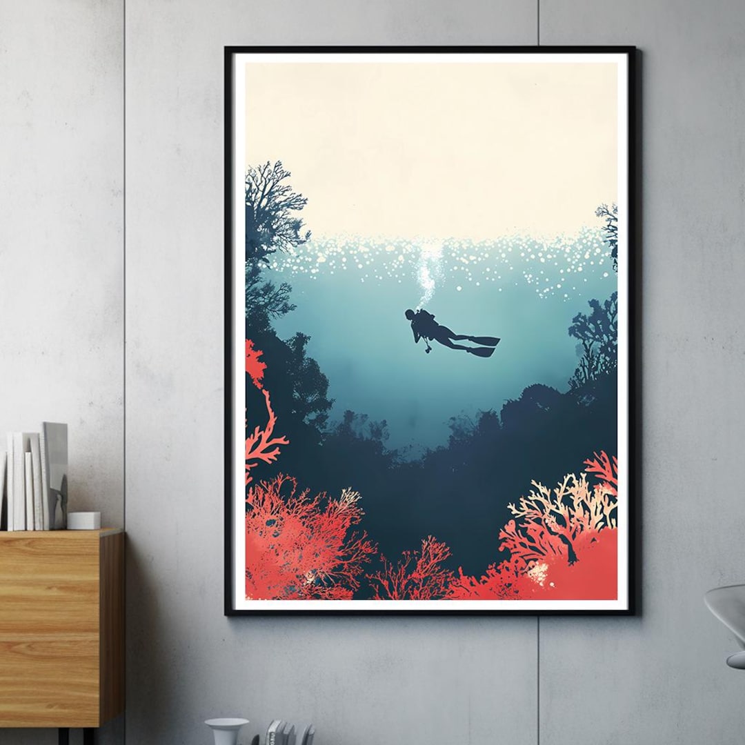 Diver Art Print | Vintage Diving Illustration | Modern Underwater Wall ...