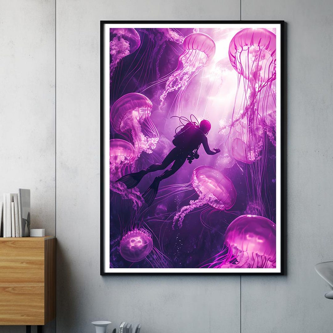 Diver Art Print | Vintage Diving Illustration | Modern Underwater Wall ...