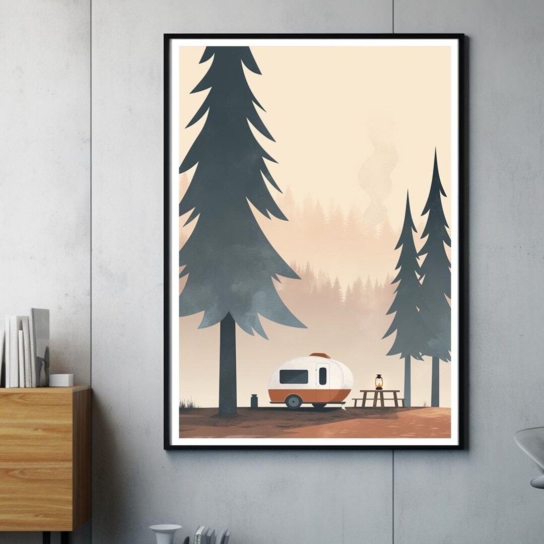 Vintage Caravan Poster – Camping in Nature | Minimalist Landscape Art ...