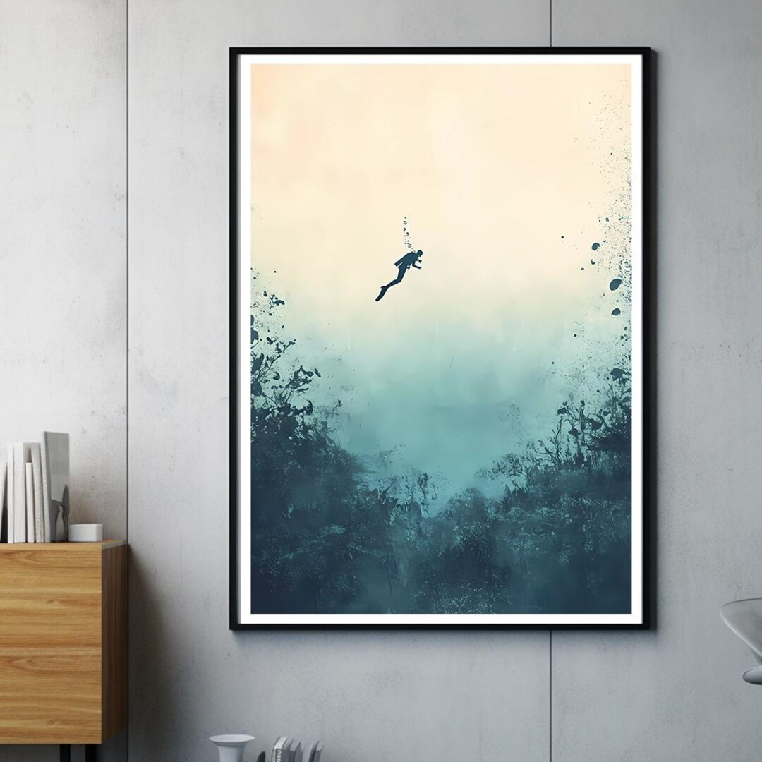 Diver Art Print | Vintage Diving Illustration | Modern Underwater Wall ...