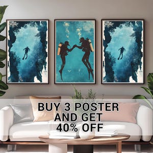 Diver Art Print | Vintage Diving Illustration | Modern Underwater Wall ...