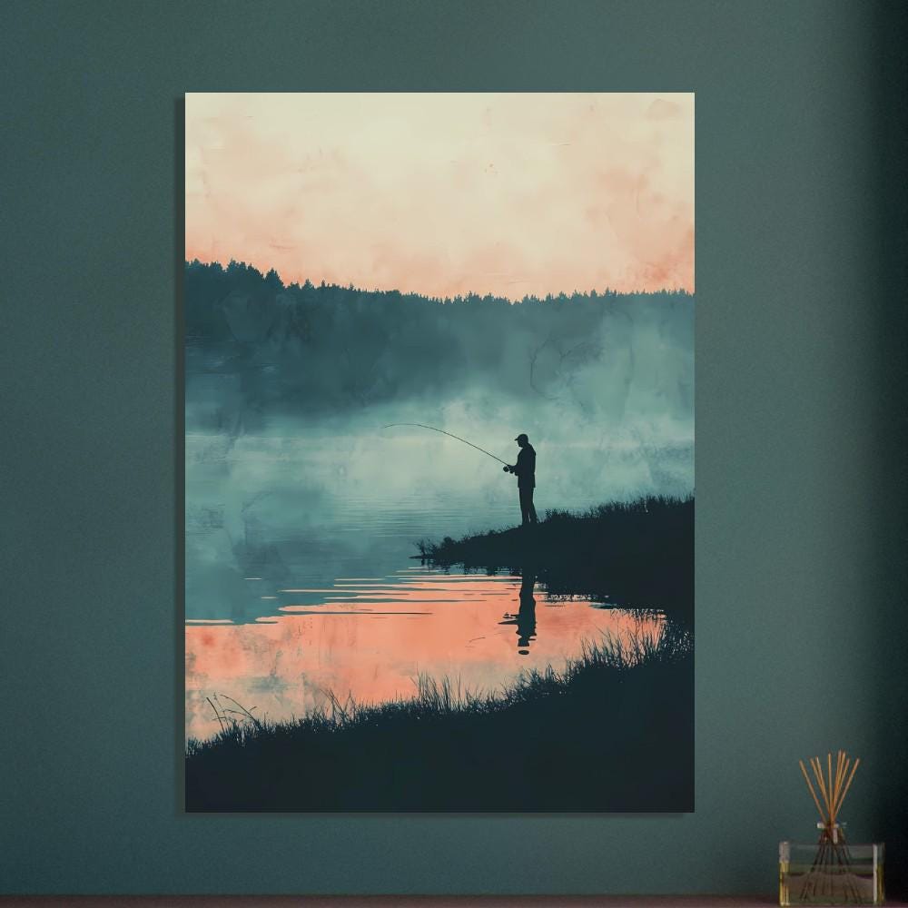 Vintage Angler Silhouette Art Print Fishing at Dawn Poster Tranquil ...