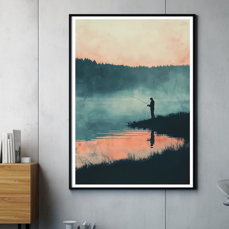 Vintage Angler Silhouette Art Print Fishing at Dawn Poster Tranquil ...