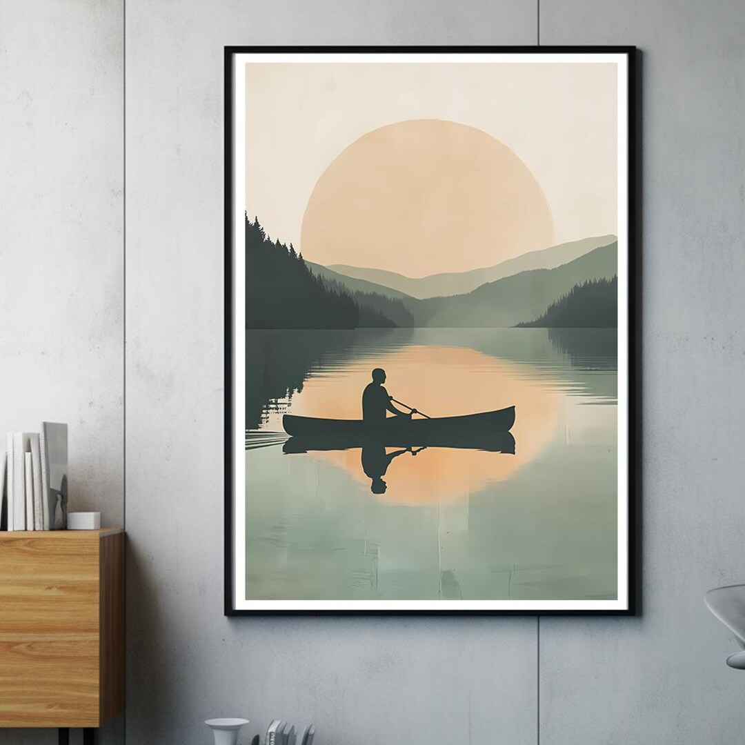 Sunset Canoe Wall Art Minimalist Lake Adventure Poster Calm Water ...