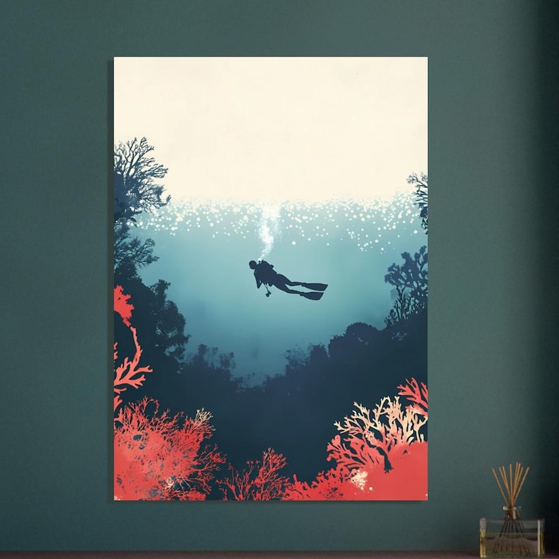 Diver Art Print | Vintage Diving Illustration | Modern Underwater Wall ...