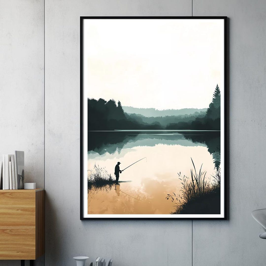 Minimalist Angler Art Print | Misty Morning Fishing Scene | Modern ...