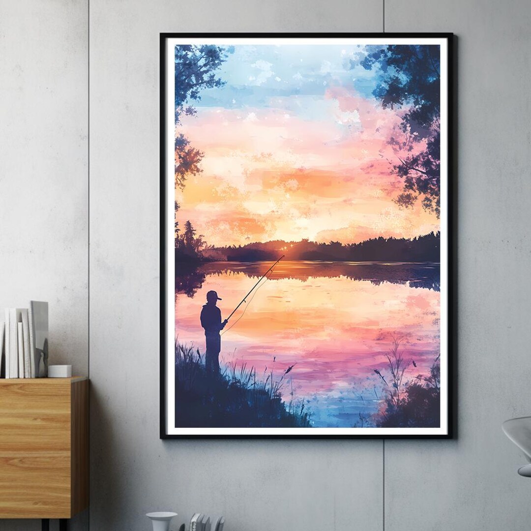 Sunset Angler Art Print Tranquil Fishing Scene Poster Watercolor Lake ...