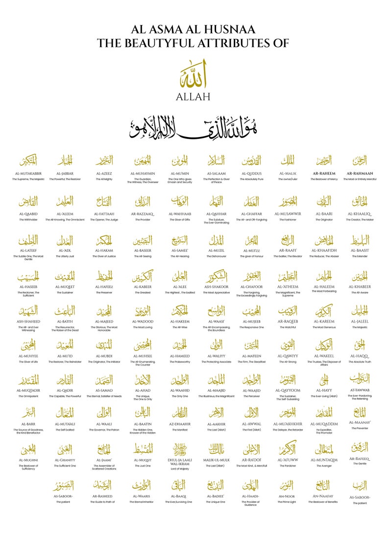 99 Names of Allah With Meaning, Asmaul Husna, Arabic Printable, Islamic ...