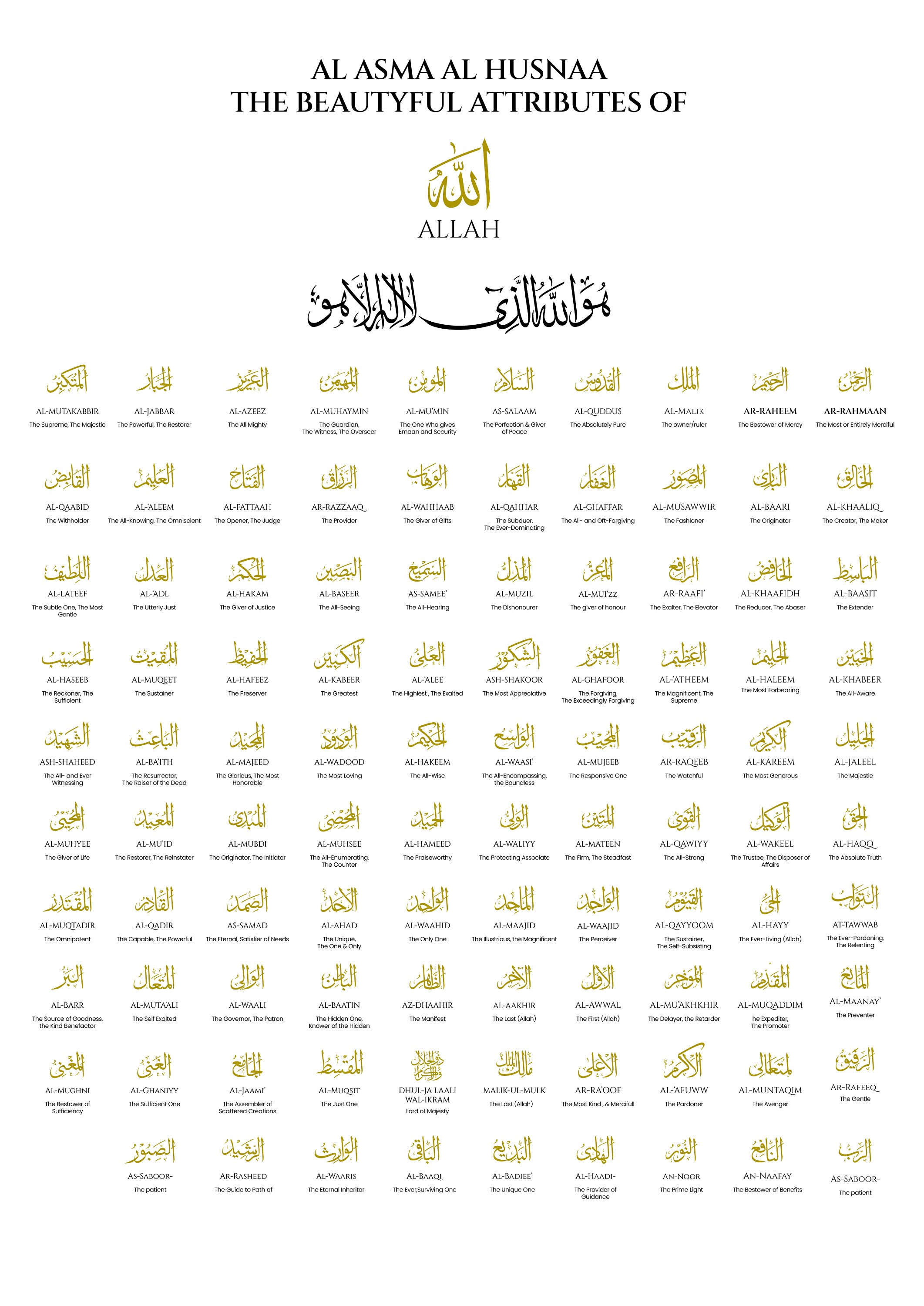 99 Names of Allah With Meaning, Asmaul Husna, Arabic Printable, Islamic ...