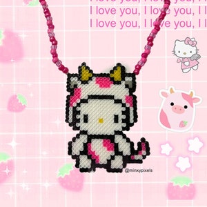 Strawberry Cow Kitty Cat Kandi Perler Necklace Raver Girl Kawaii Pink ...
