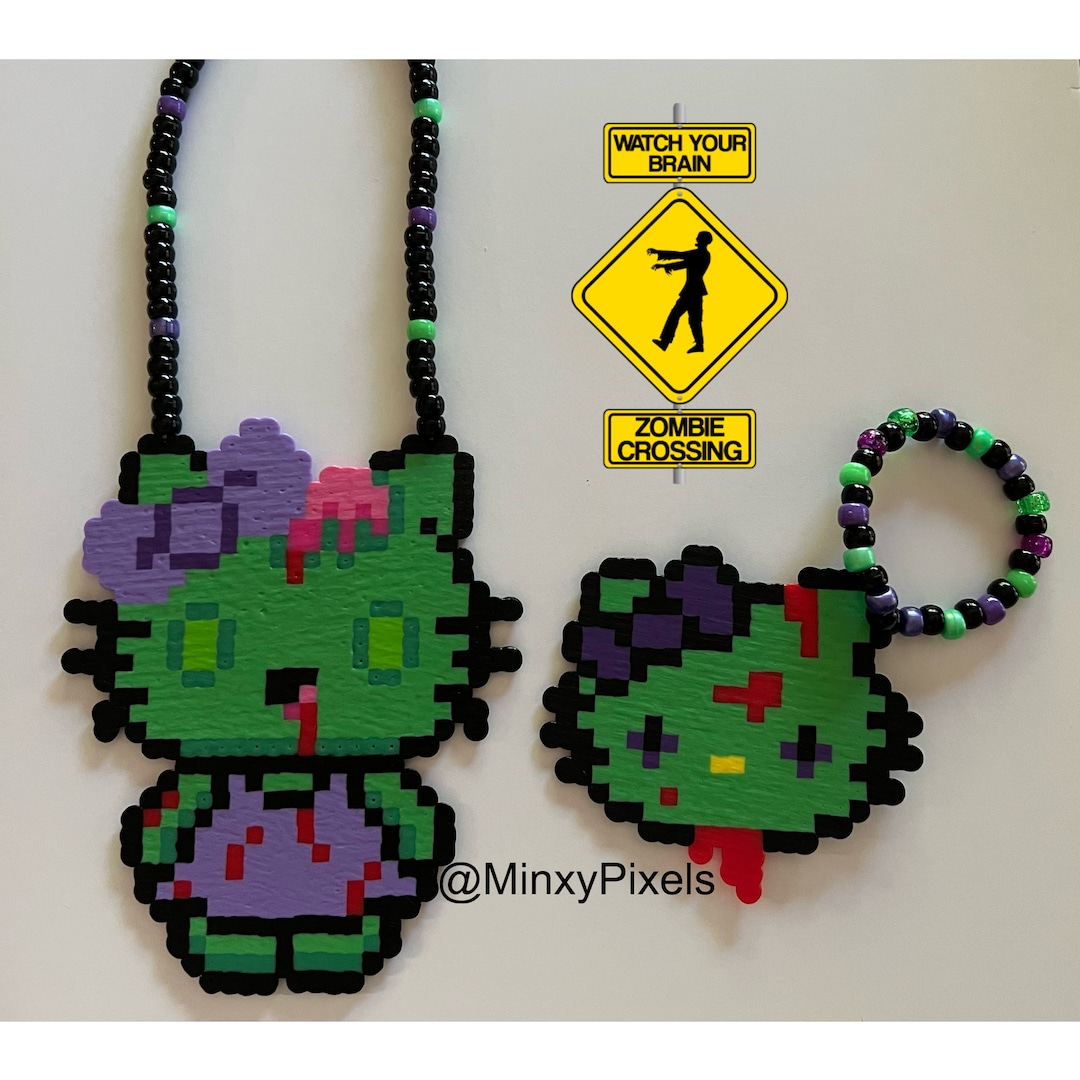 Zombie Cat Kitty Raver Kandi Perler Necklace Horror Pixel Beads Jewelry ...