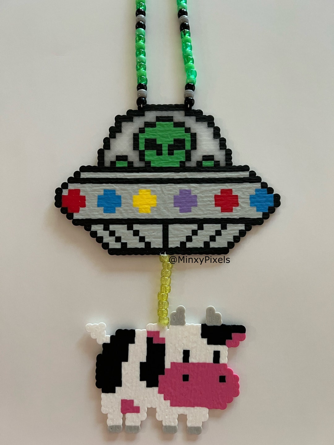 Alien UFO Abduction and Cow Kandi Perler Necklace Kawaii Pixel Beads ...