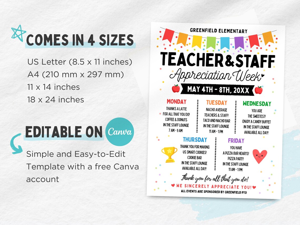 Editable Teacher Appreciation Week Itinerary Poster Teachers Staff ...