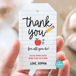 Teacher Appreciation Gift Tags Thank You Teacher Gift Tag School ...