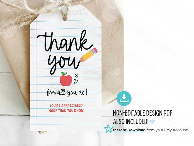 Teacher Appreciation Gift Tags Thank You Teacher Gift Tag School ...