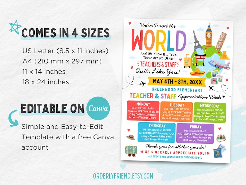 Teacher Appreciation Week Itinerary Flyer Poster World Travel Theme ...
