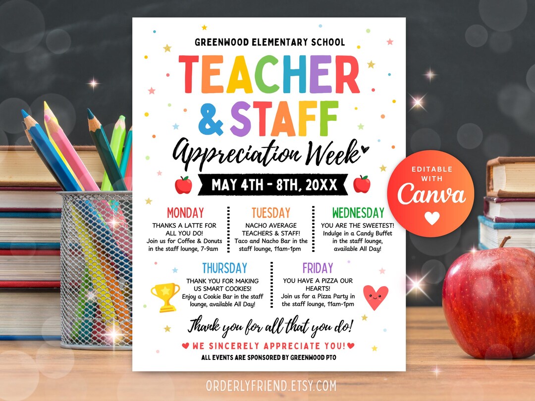 Editable Teacher Appreciation Week Itinerary Poster Teachers Staff ...