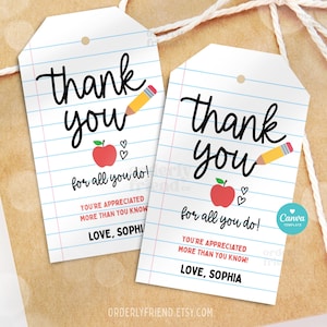 Teacher Appreciation Gift Tags Thank You Teacher Gift Tag School ...
