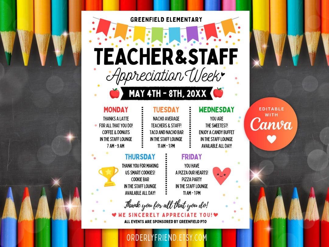Editable Teacher Appreciation Week Itinerary Poster Teachers Staff ...