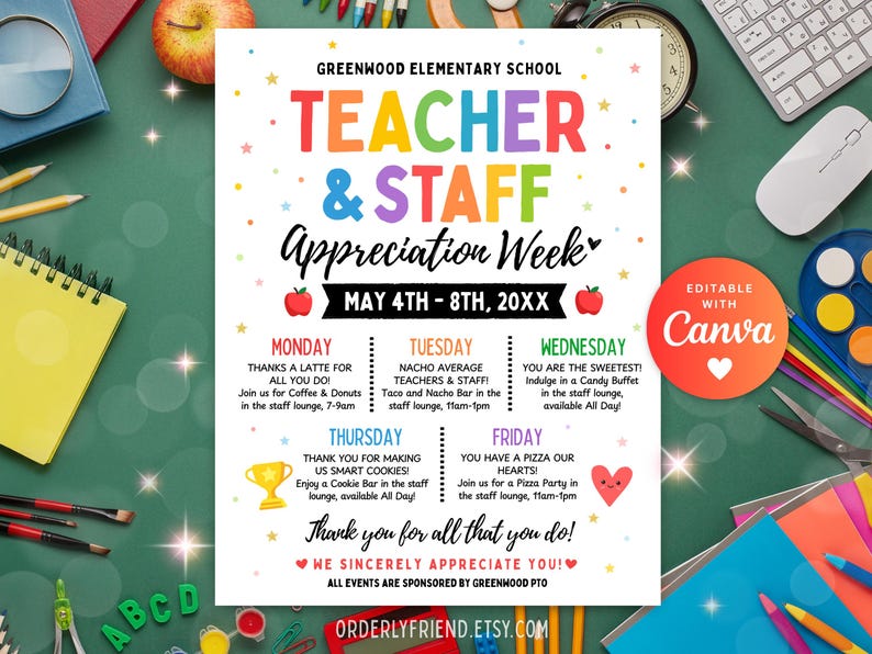 Editable Teacher Appreciation Week Itinerary Poster Teachers Staff ...