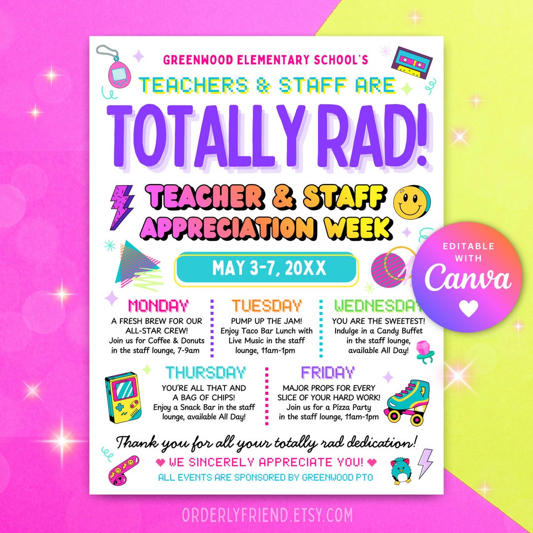 Editable 90s Theme Teacher Appreciation Week Itinerary Poster Teachers ...