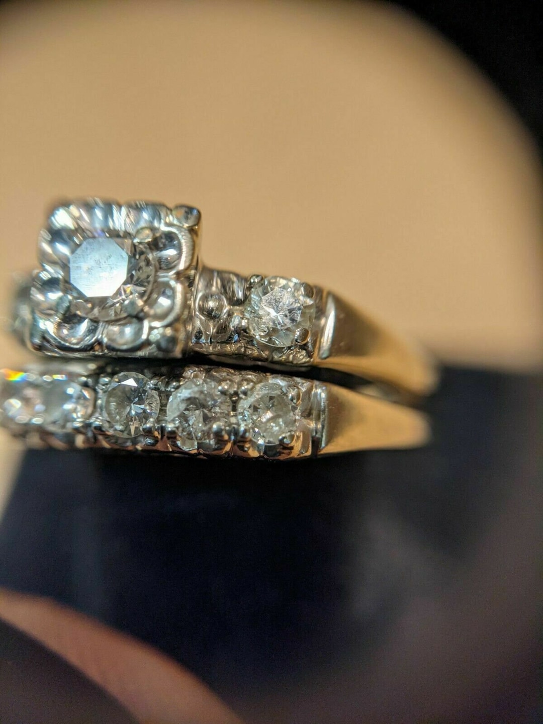 1910s Antique Edwardian 1.00 Ct Round Cut Diamond Art Deco Bridal Set ...