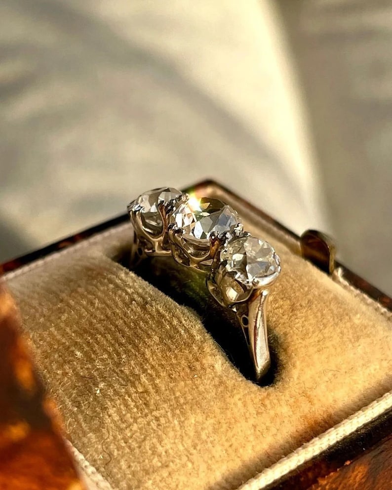 1910s Antique Old Mine Cut Diamond Three Stone Wedding Ring ...