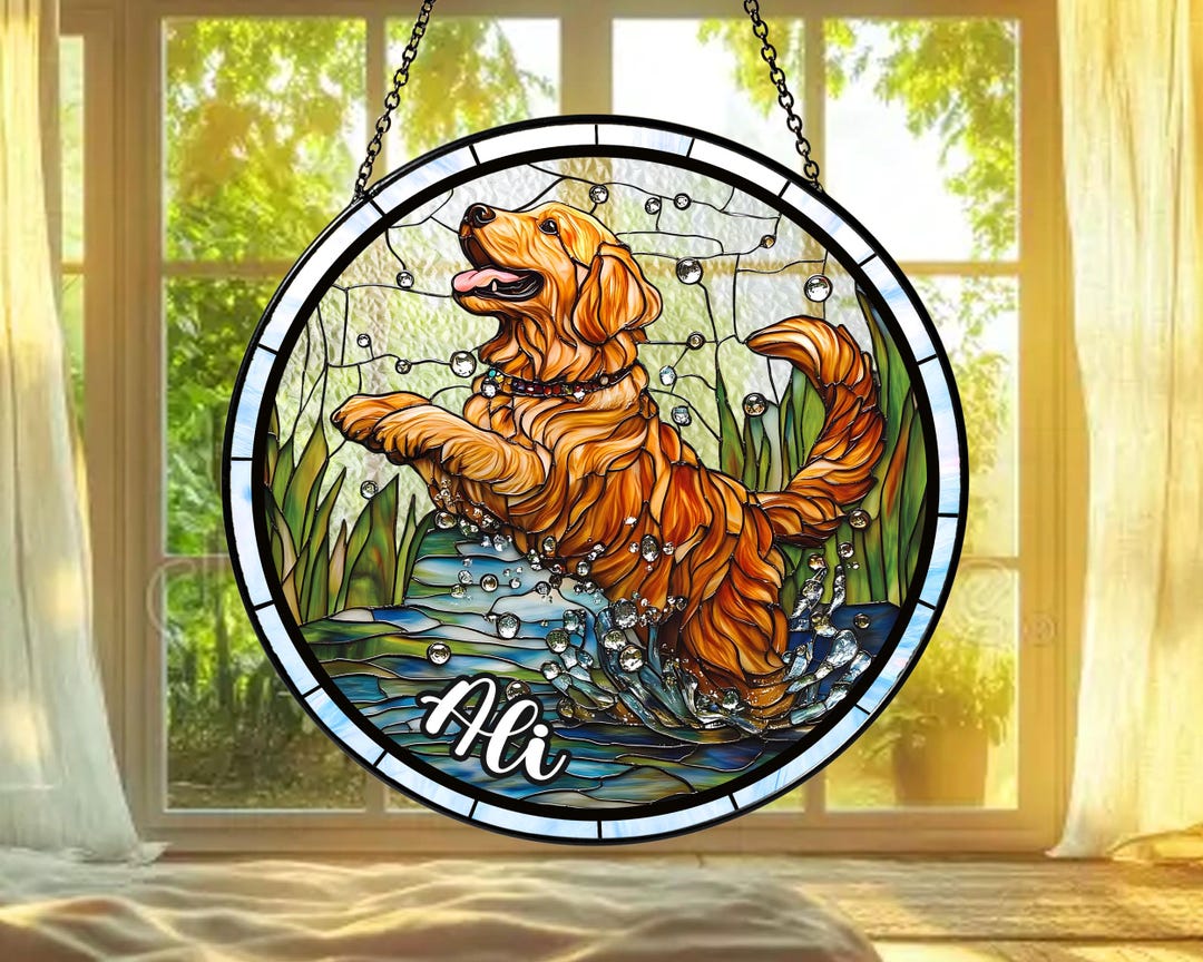 Customized Name Golden Retriever Glass Suncatcher, Golden Retriever ...