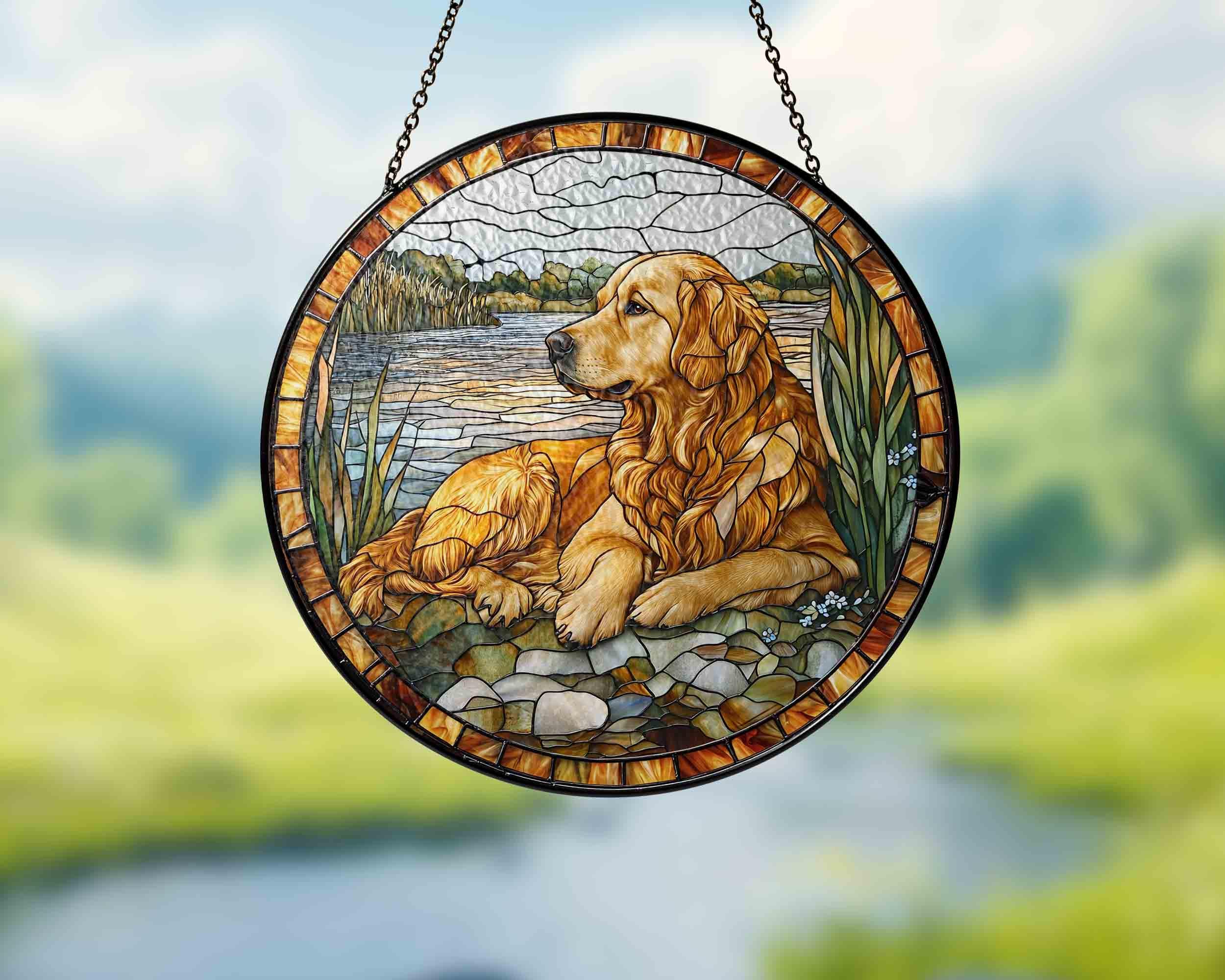 Customized Name Golden Retriever Glass Suncatcher, Golden Retriever Dog ...