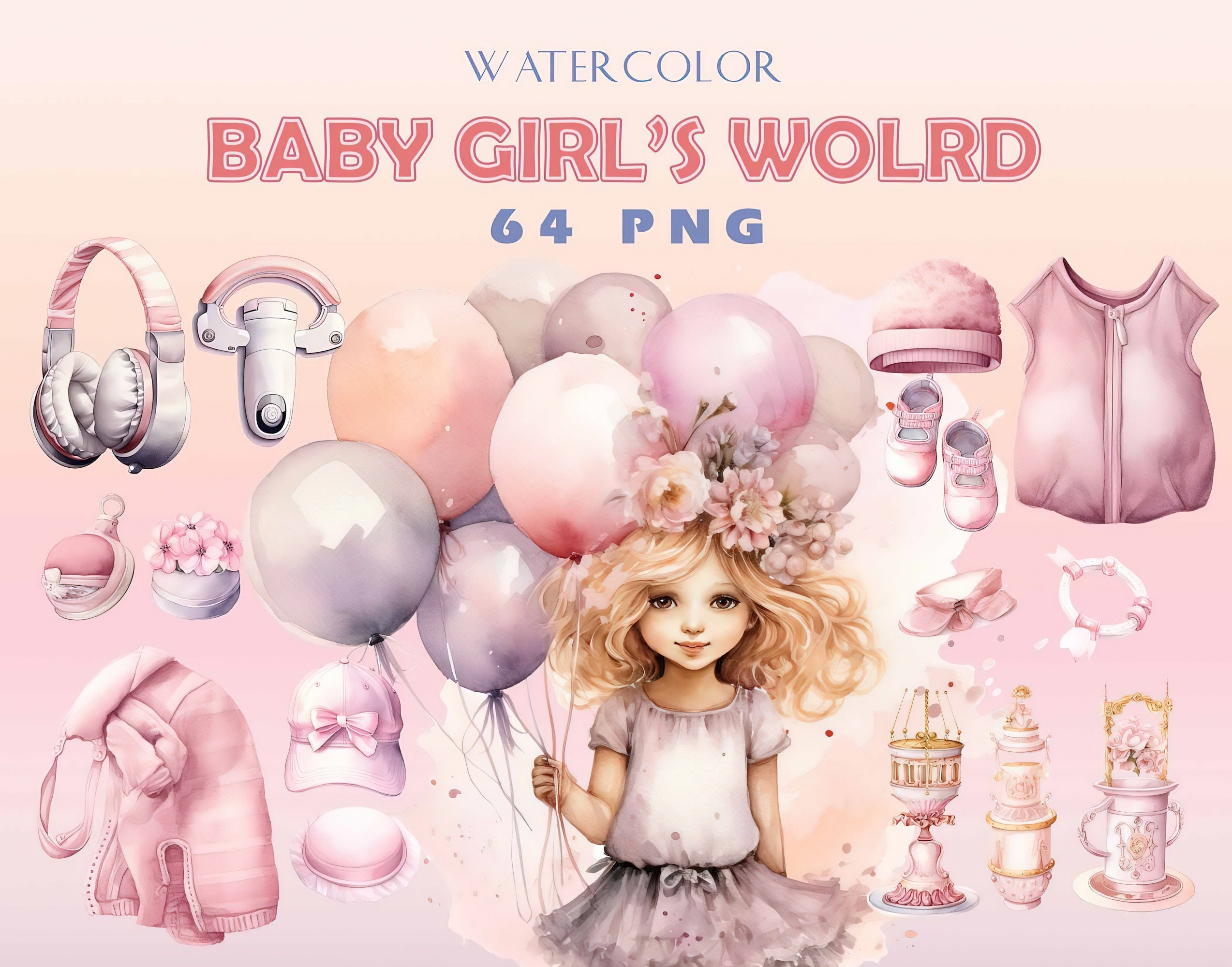 Watercolor Baby Girl Clipart 64 PNG It's a Girl Vintage Nursery and ...