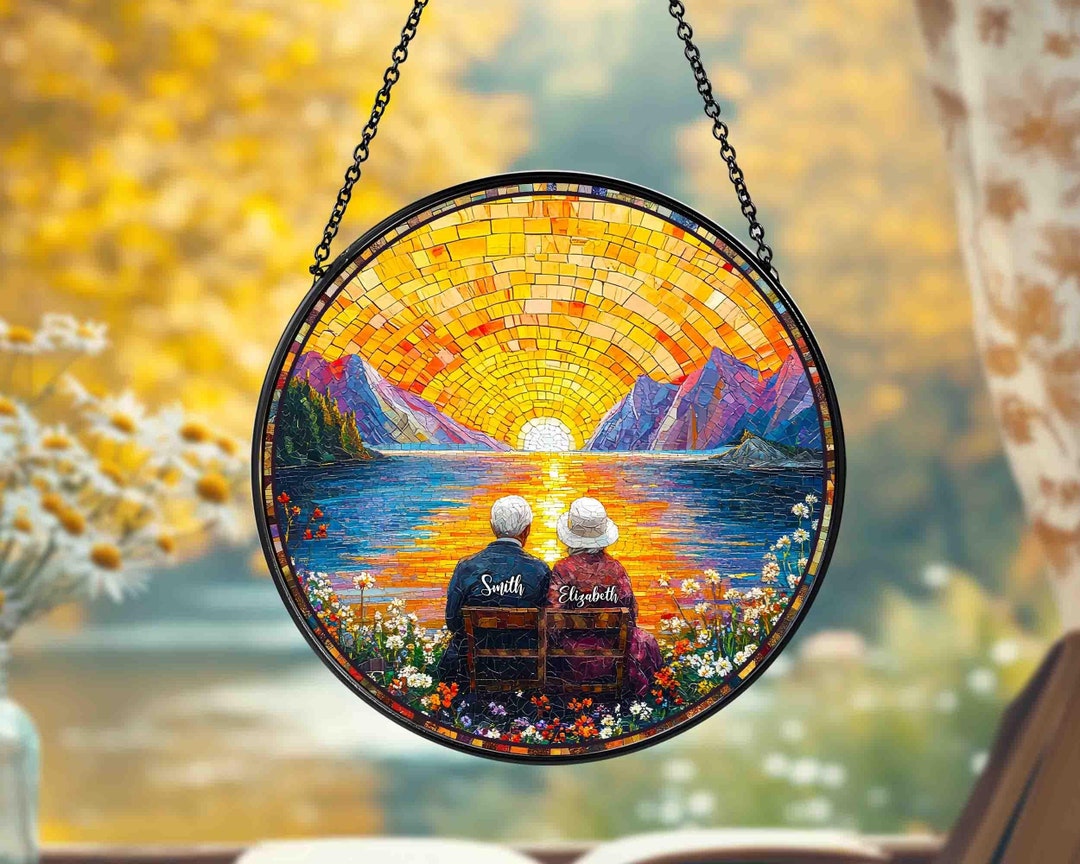 Personalized Old Couple Glass Suncatcher, Couple Sunset at Lake Sun ...