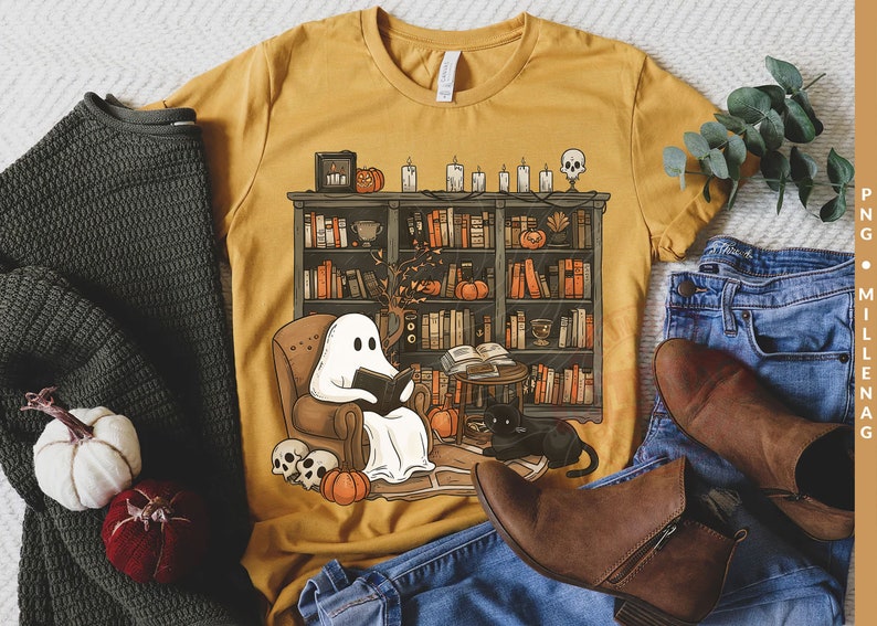 Ghost Reading Book Png, Halloween Bookshelf Png, Ghostly Bookish Png ...