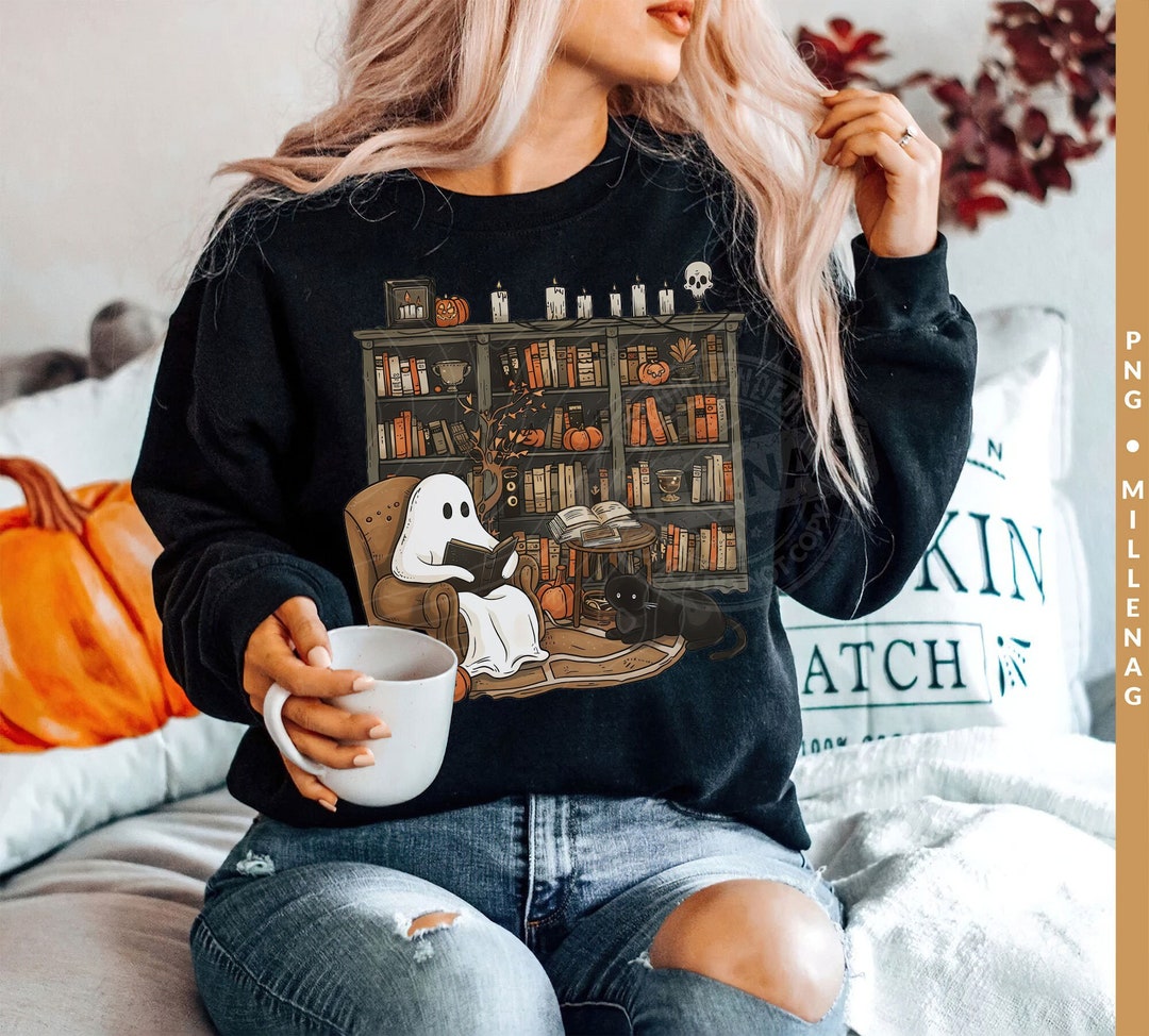 Ghost Reading Book Png, Halloween Bookshelf Png, Ghostly Bookish Png ...