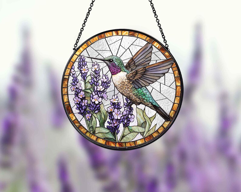 Hummingbirds and Lavender Flowers Glass Suncatcher, Hummingbird ...