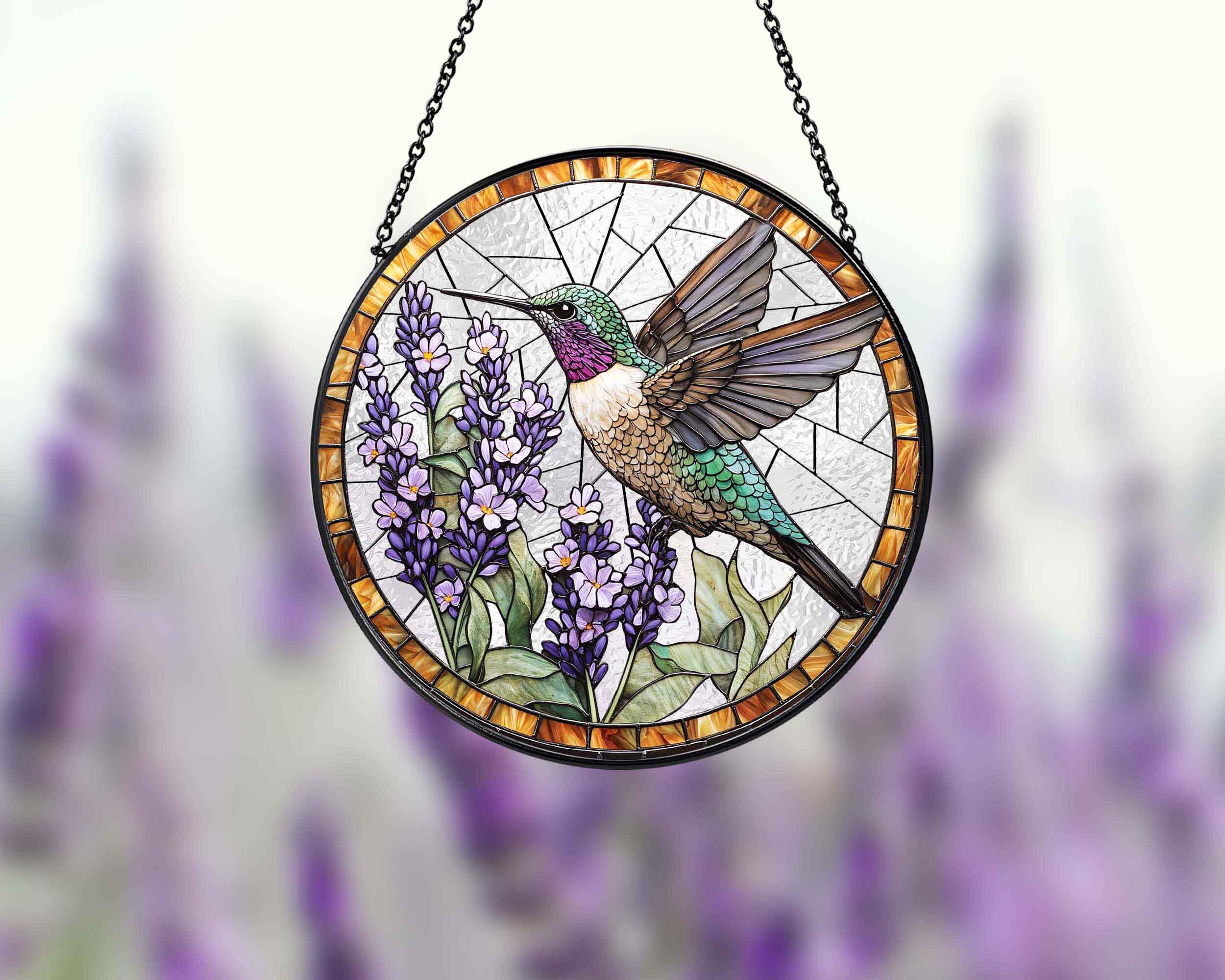 Hummingbirds and Lavender Flowers Glass Suncatcher, Hummingbird ...