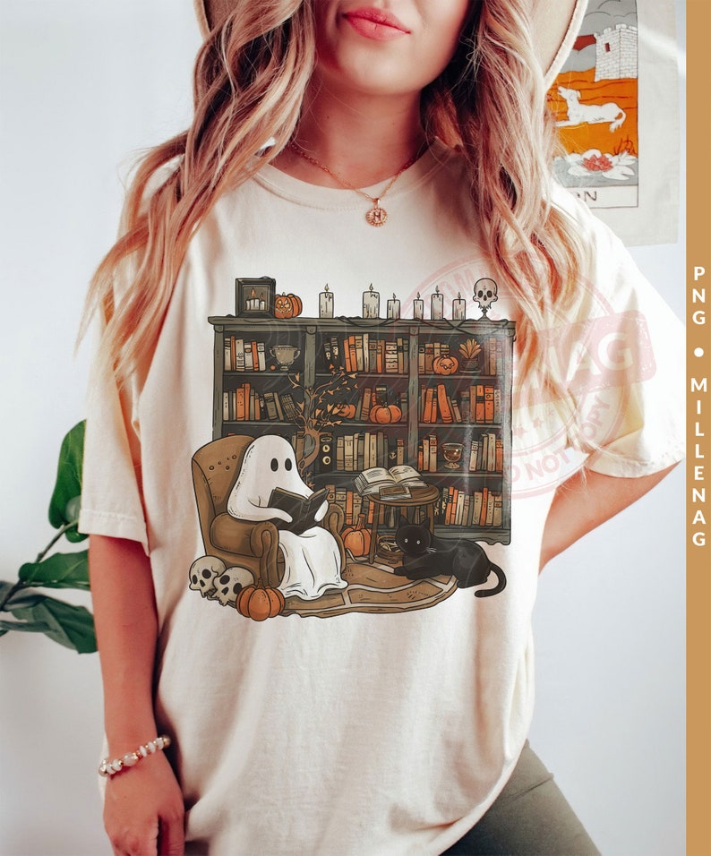 Ghost Reading Book Png, Halloween Bookshelf Png, Ghostly Bookish Png ...