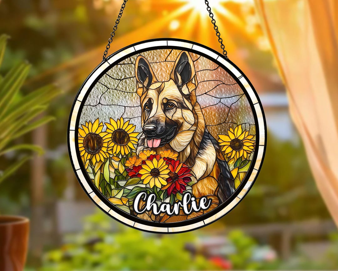 Customized Name German Shepherd Glass Suncatcher, German Shepherd Dog ...