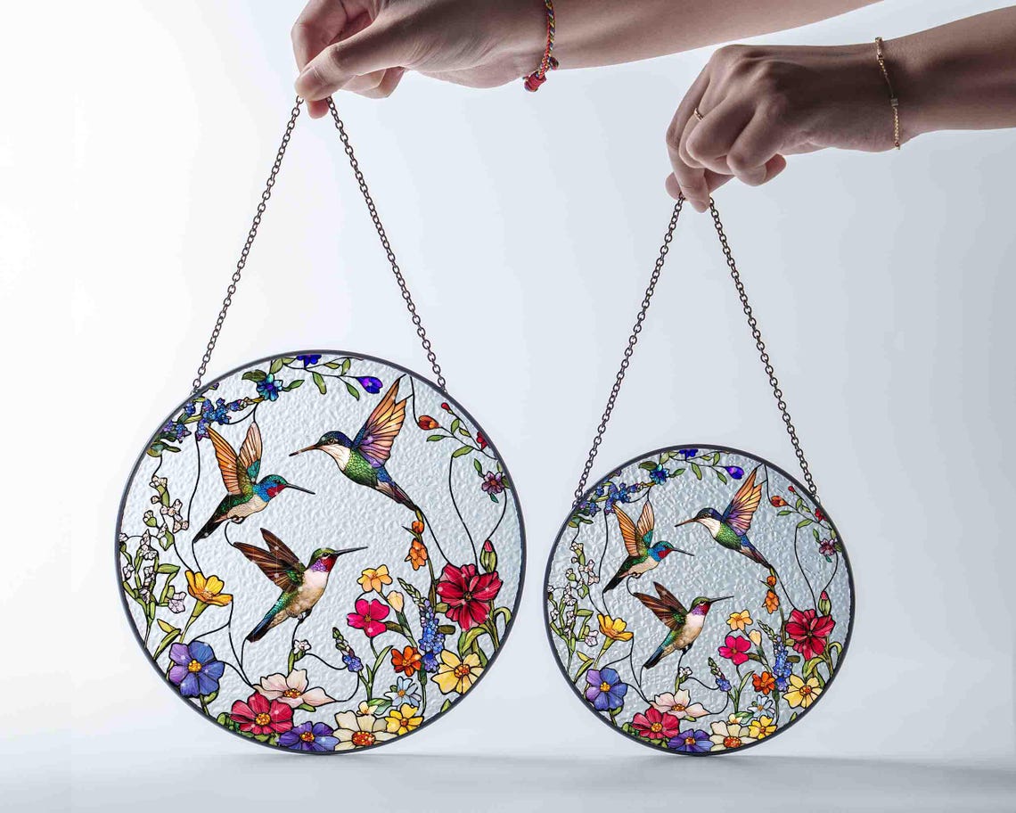 Hummingbirds and Flowers Glass Suncatcher, Hummingbird Suncatcher ...