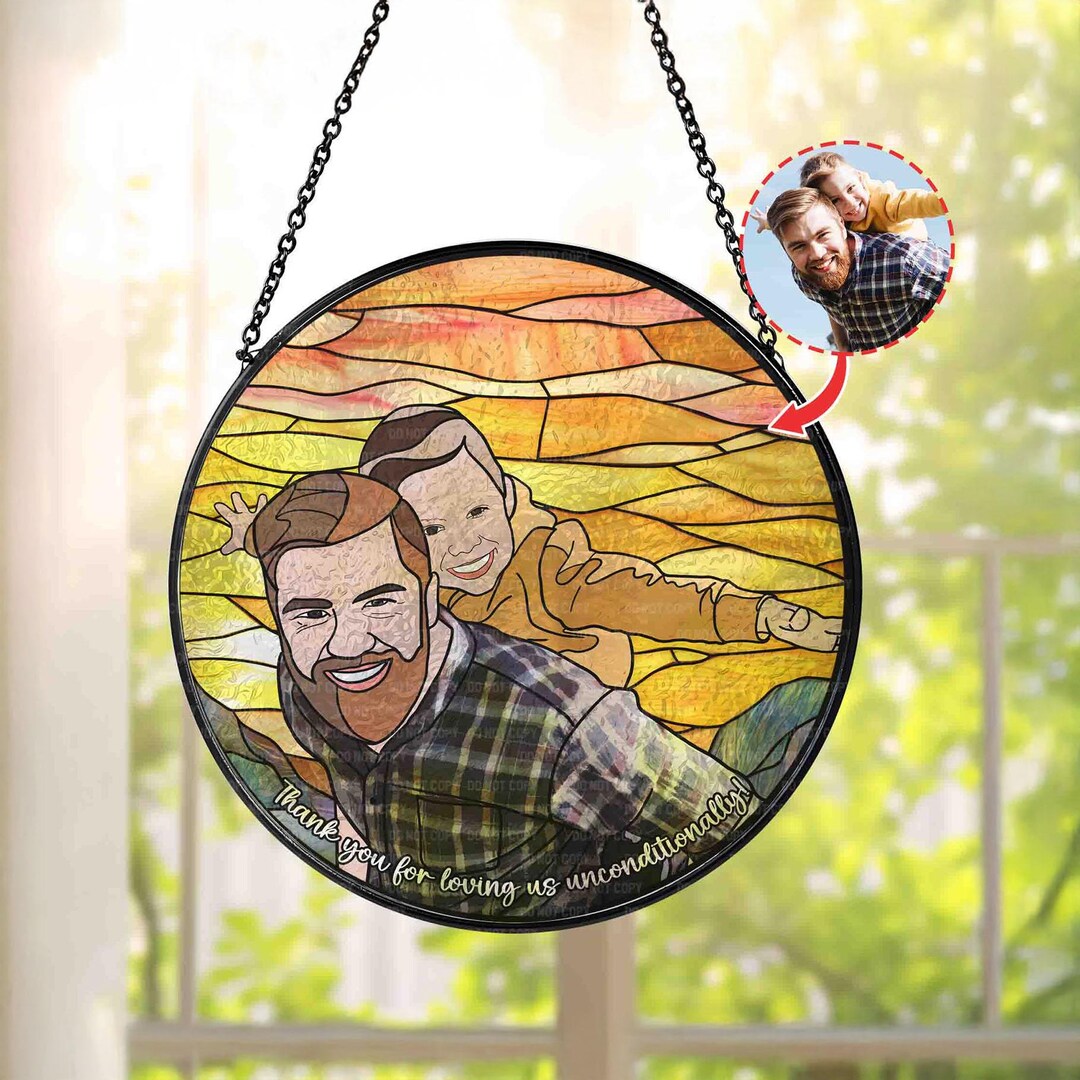 Personalized Father Portrait Photo Glass Suncatcher, Custom Grandpa ...