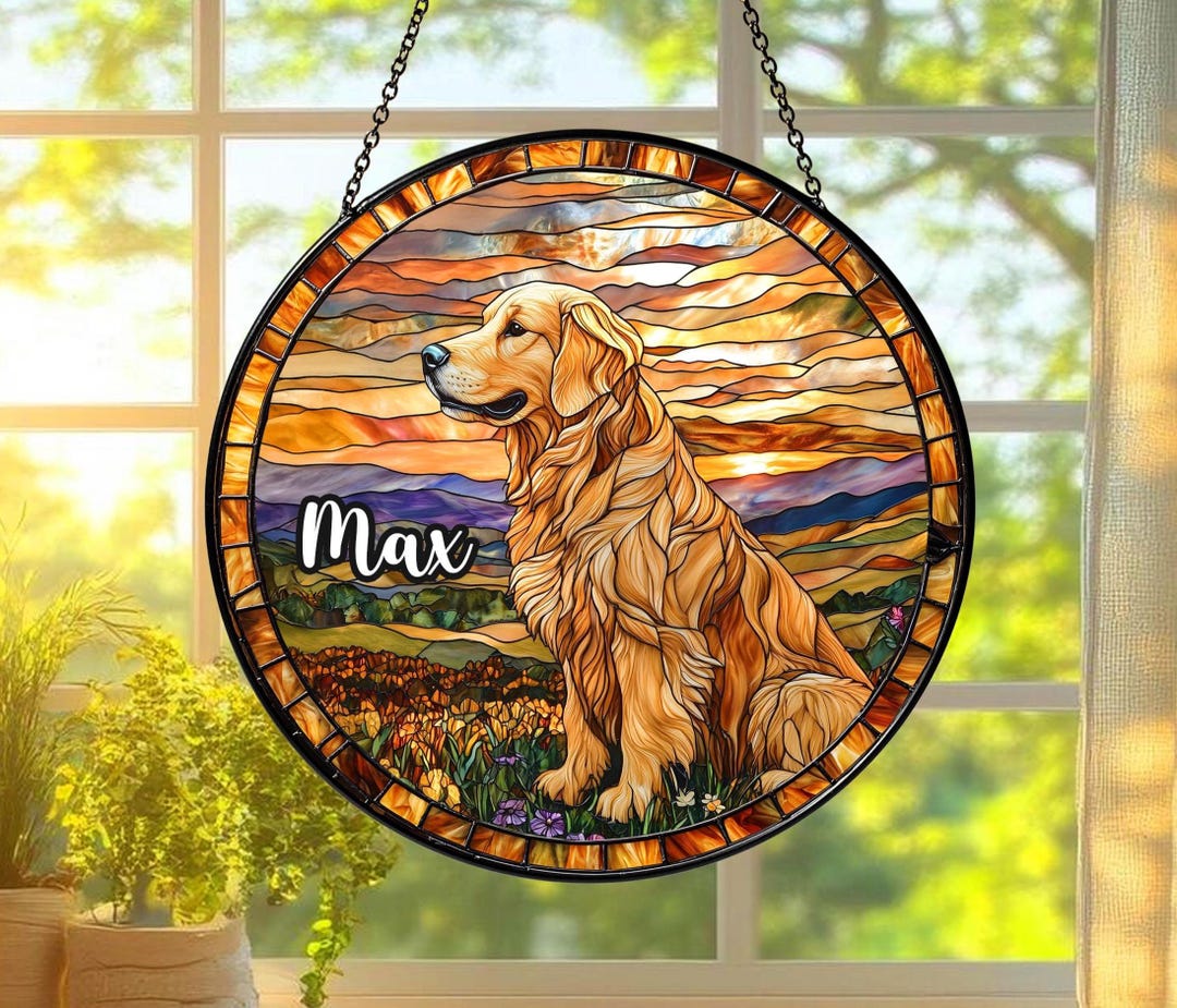 Customized Name Golden Retriever Glass Suncatcher, Golden Retriever Dog ...
