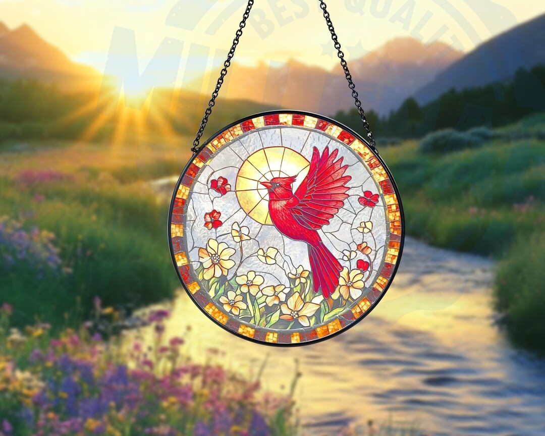 Red Cardinal Glass Suncatcher, Cardinal & Flower Glass Suncatcher ...