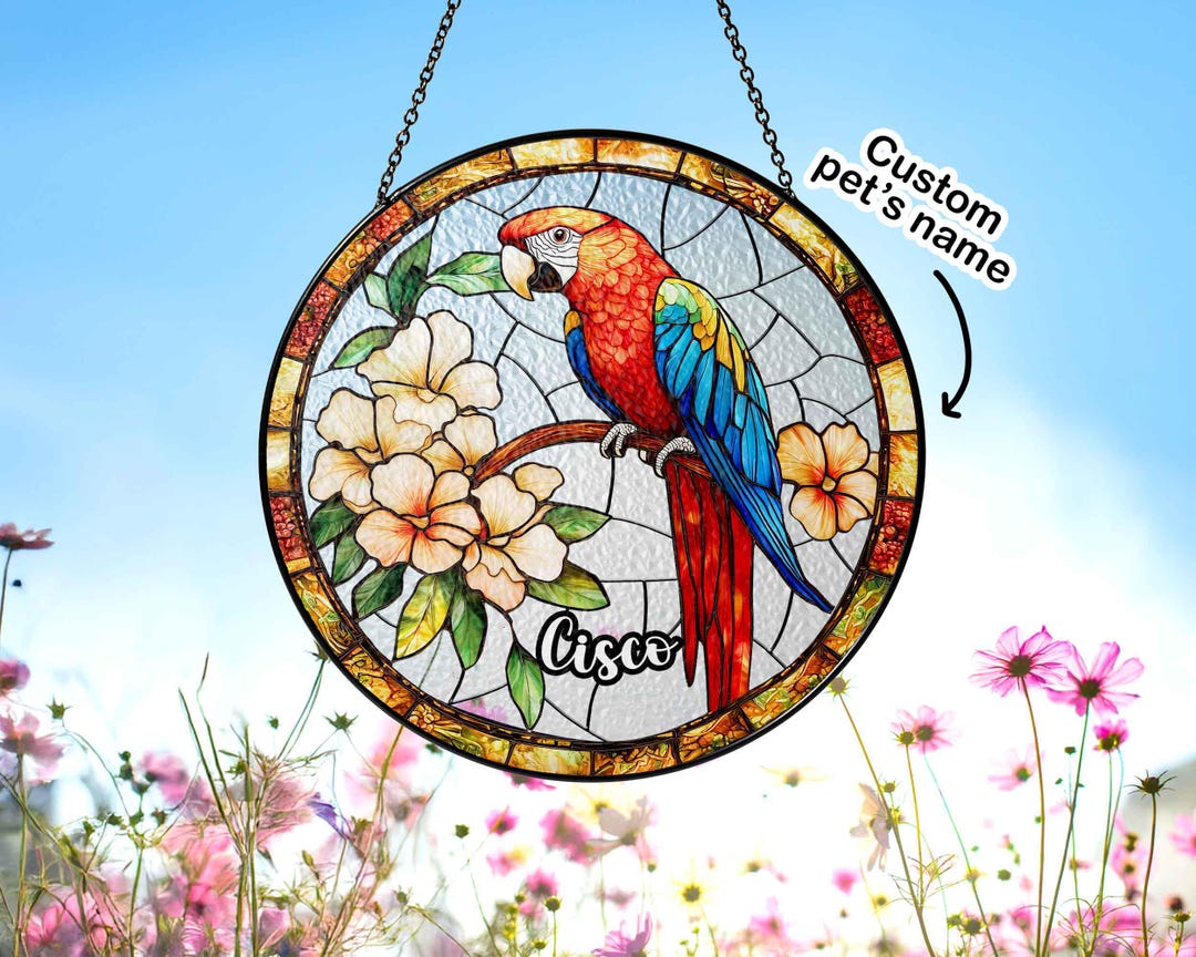 Personalized Scarlet Macaw Parrot Glass Suncatcher, Parrot Memorial ...
