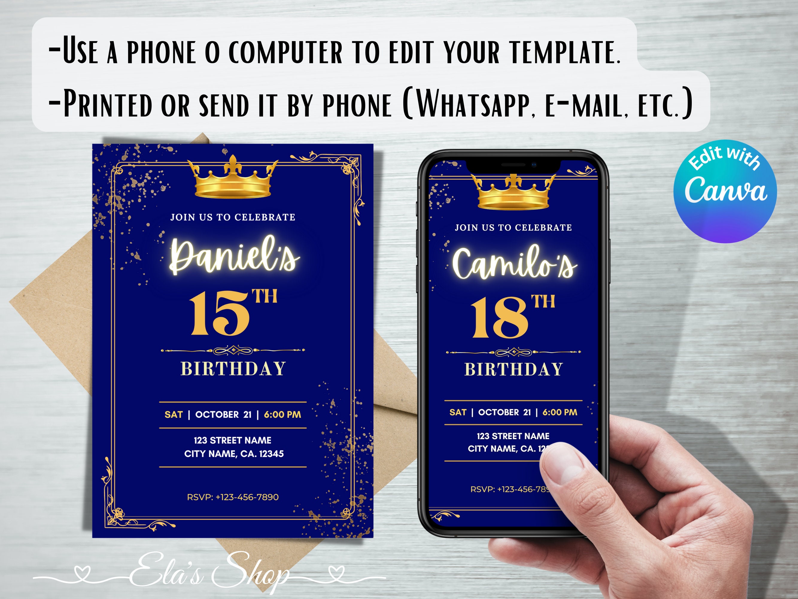 Boys Birthday Invitation, Boy 15 Birthday Invitation, Gold Blue ...