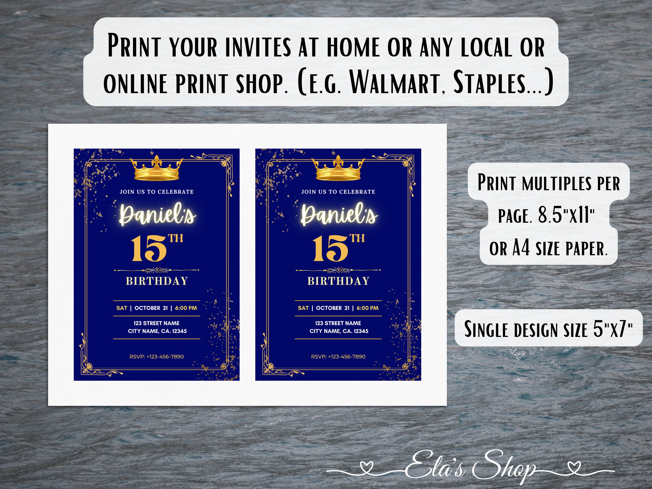 Boys Birthday Invitation, Boy 15 Birthday Invitation, Gold Blue ...
