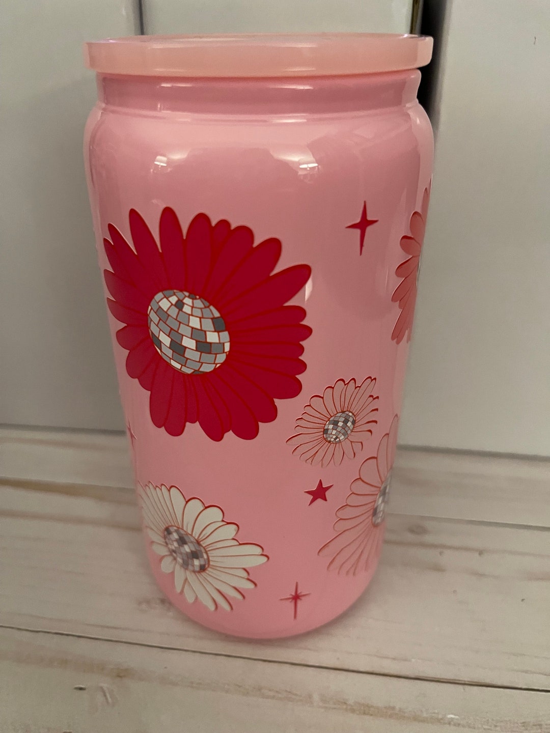 Flowers on Light Pink Libby Glass - Etsy