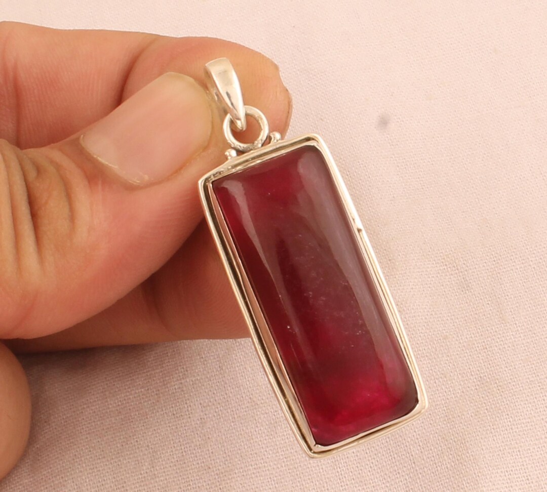 Solid 925 Sterling Silver Ruby Red Jade Necklace Pendant for Women Handmade Silver Boho ...
